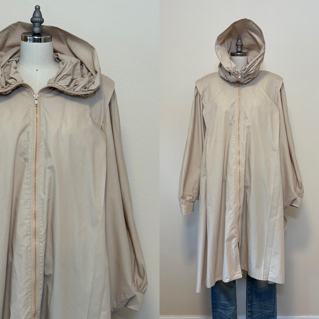 Vintage 80s Hooded Cape, 1980s Light Beige Zip Front Poncho With Hood ...
