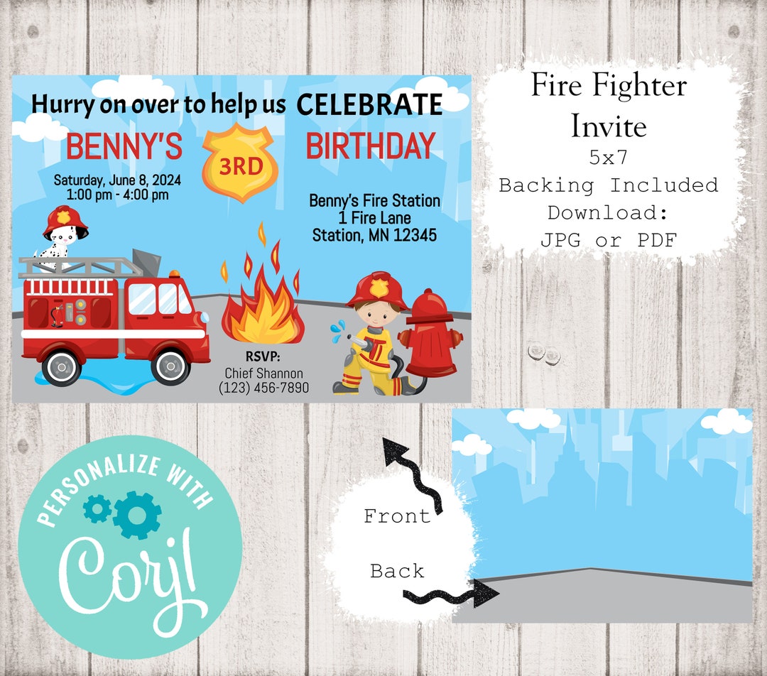 Fire Fighter Birthday Invitation, Fireman Invitation, Fire Station ...