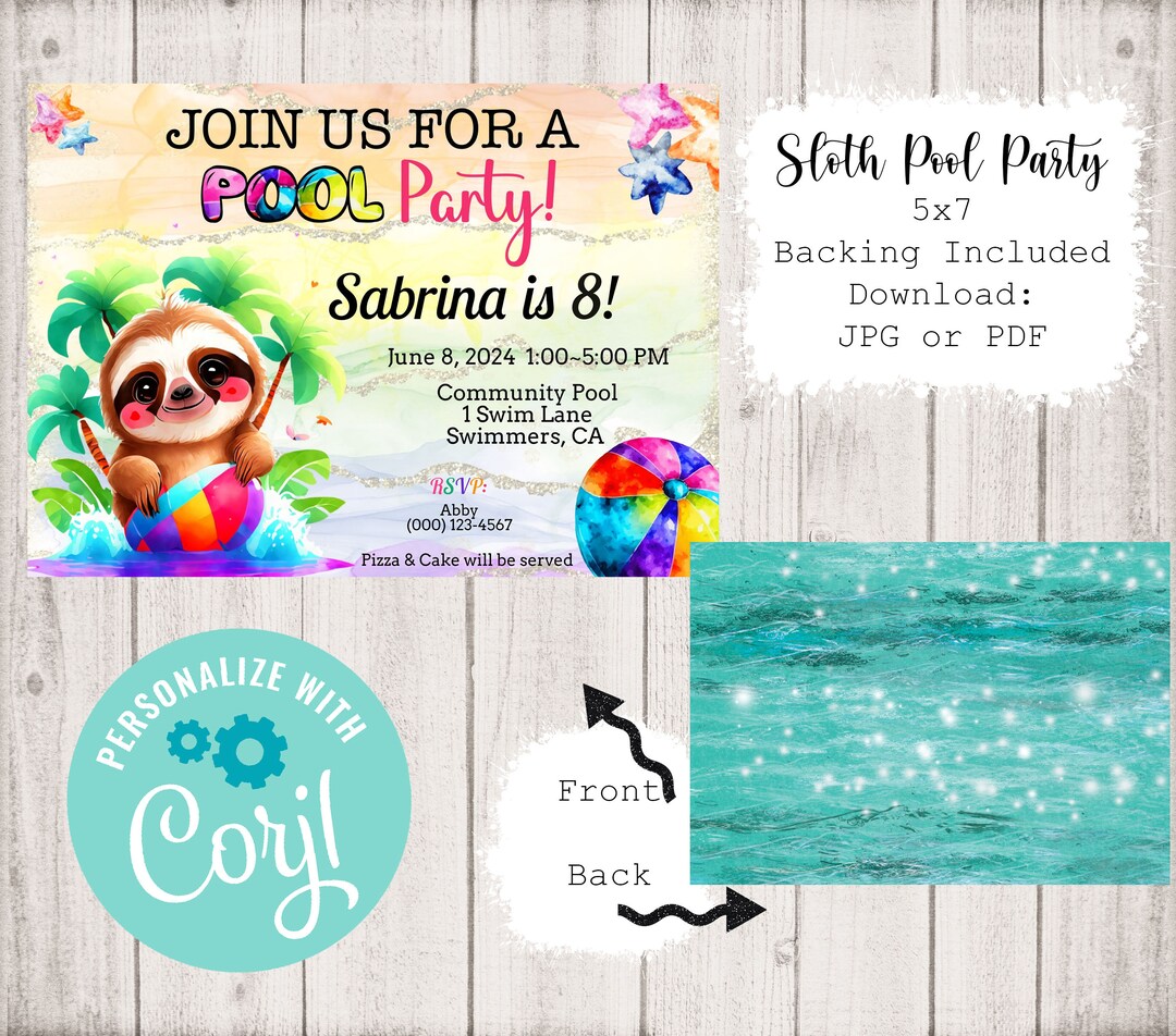 Sloth Pool Party Invitation ~ Pool Party Birthday Invitation ~ Corjl ...