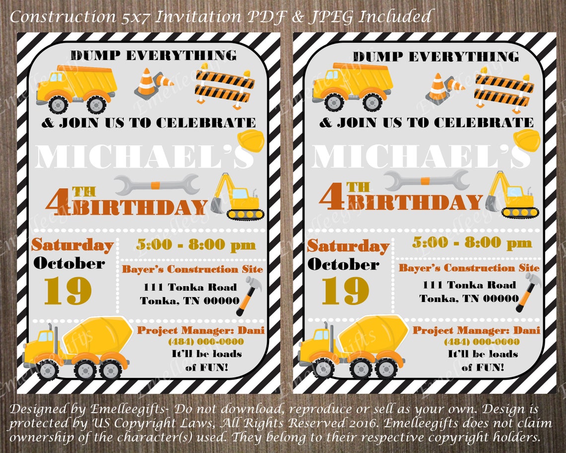 Construction 5x7 Invitation JPEG and PDF | Etsy