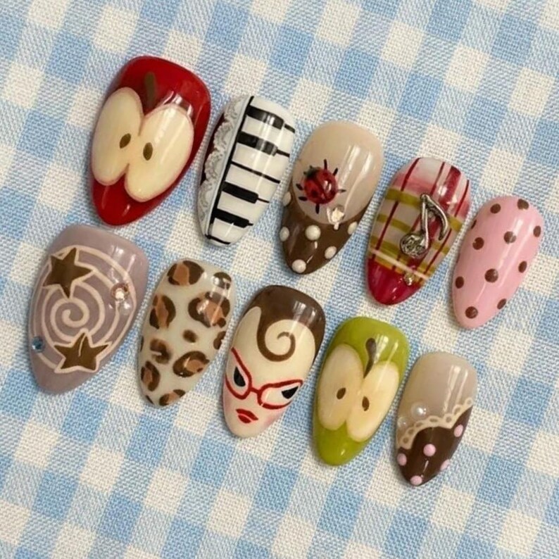 Handmade Whimsical Apple Ladybug Pop Art Press on Nails, Leopard Piano ...