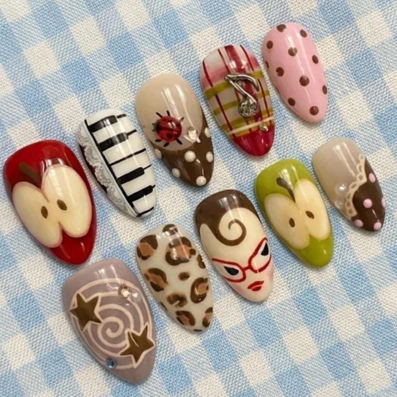 Handmade Whimsical Apple Ladybug Pop Art Press on Nails, Leopard Piano ...