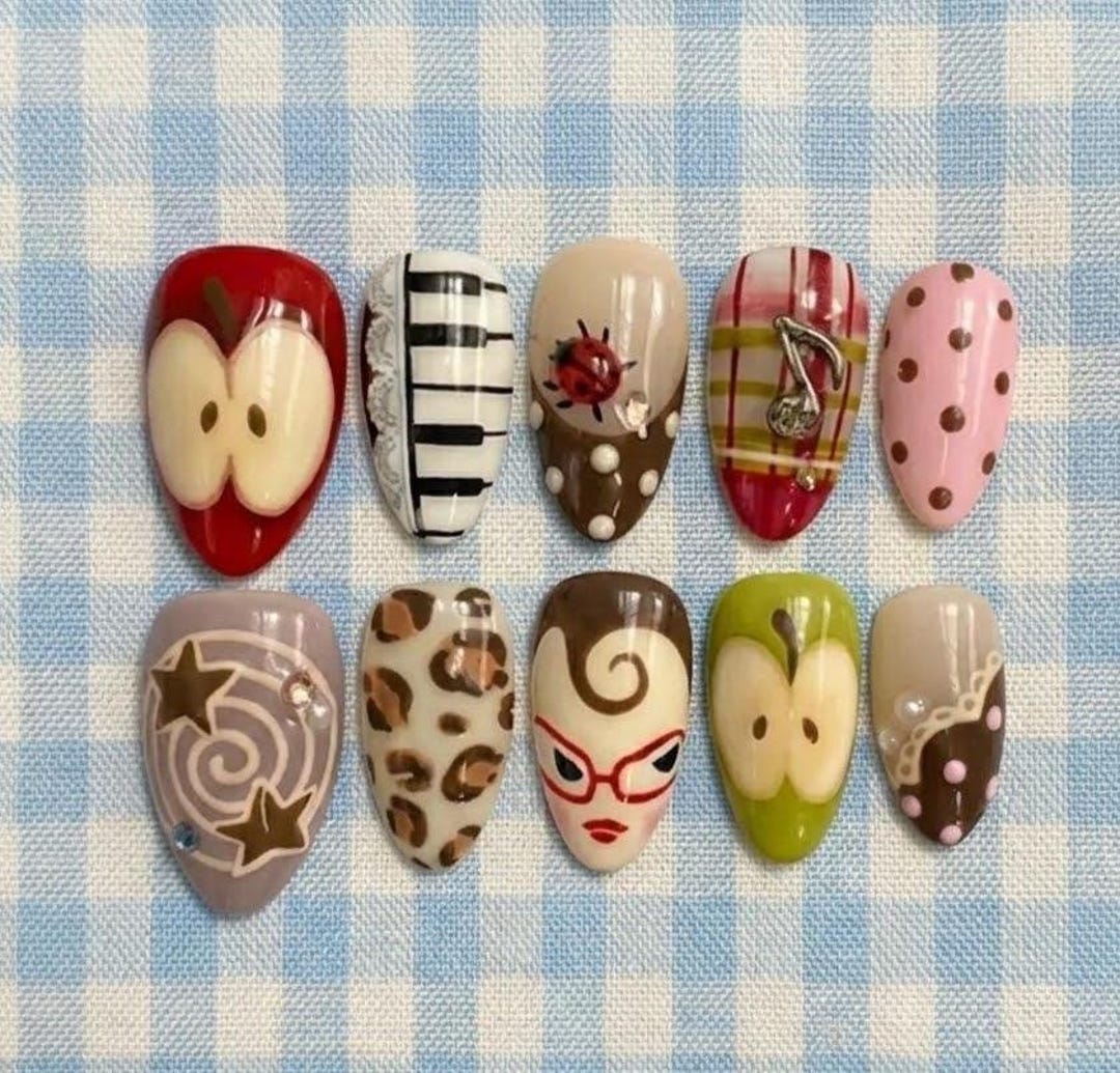 Handmade Whimsical Apple Ladybug Pop Art Press on Nails, Leopard Piano ...