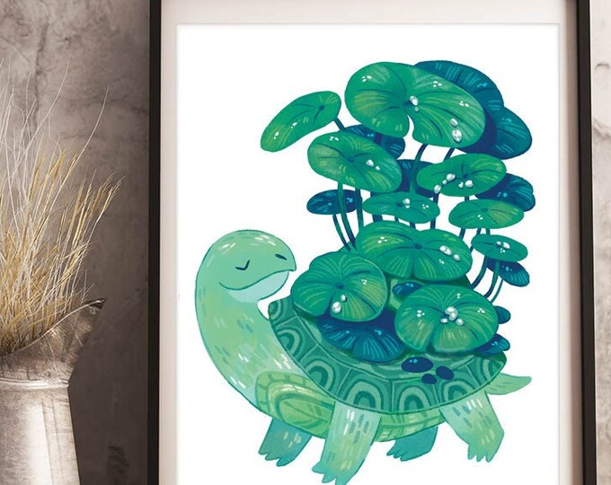 Water Lily Pad Plant Turtle Illustration Print 8by10, 8.5 by 11, Wall ...
