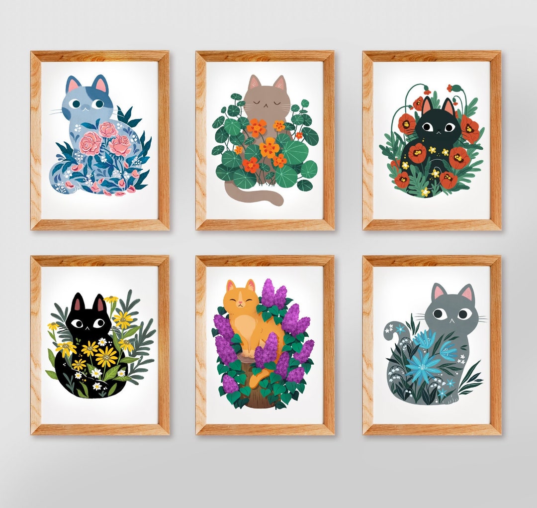 Cats in Flowers Print Set, 8.5 by 11 Print, 8 by 10 Print, Art Print ...