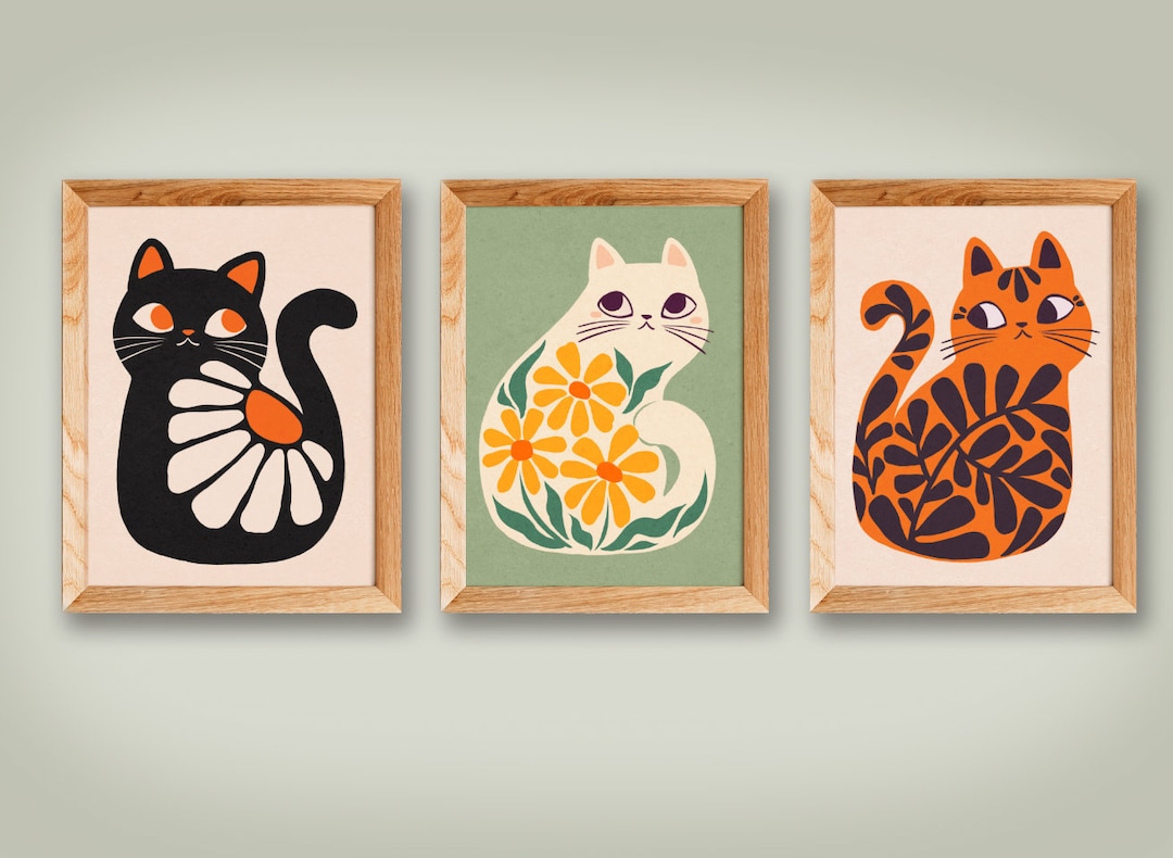 Boho Cats Art Print Set, Illustration Prints, Wall Art, Illustration ...