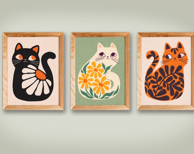 Boho Cats Art Print Set, Illustration Prints, Wall Art, Illustration ...