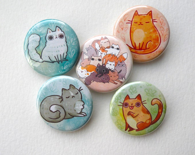 Cute Cat Pinned Back Button Pack: Cat, Pets, Cat Lady, Cute, Kawaii ...