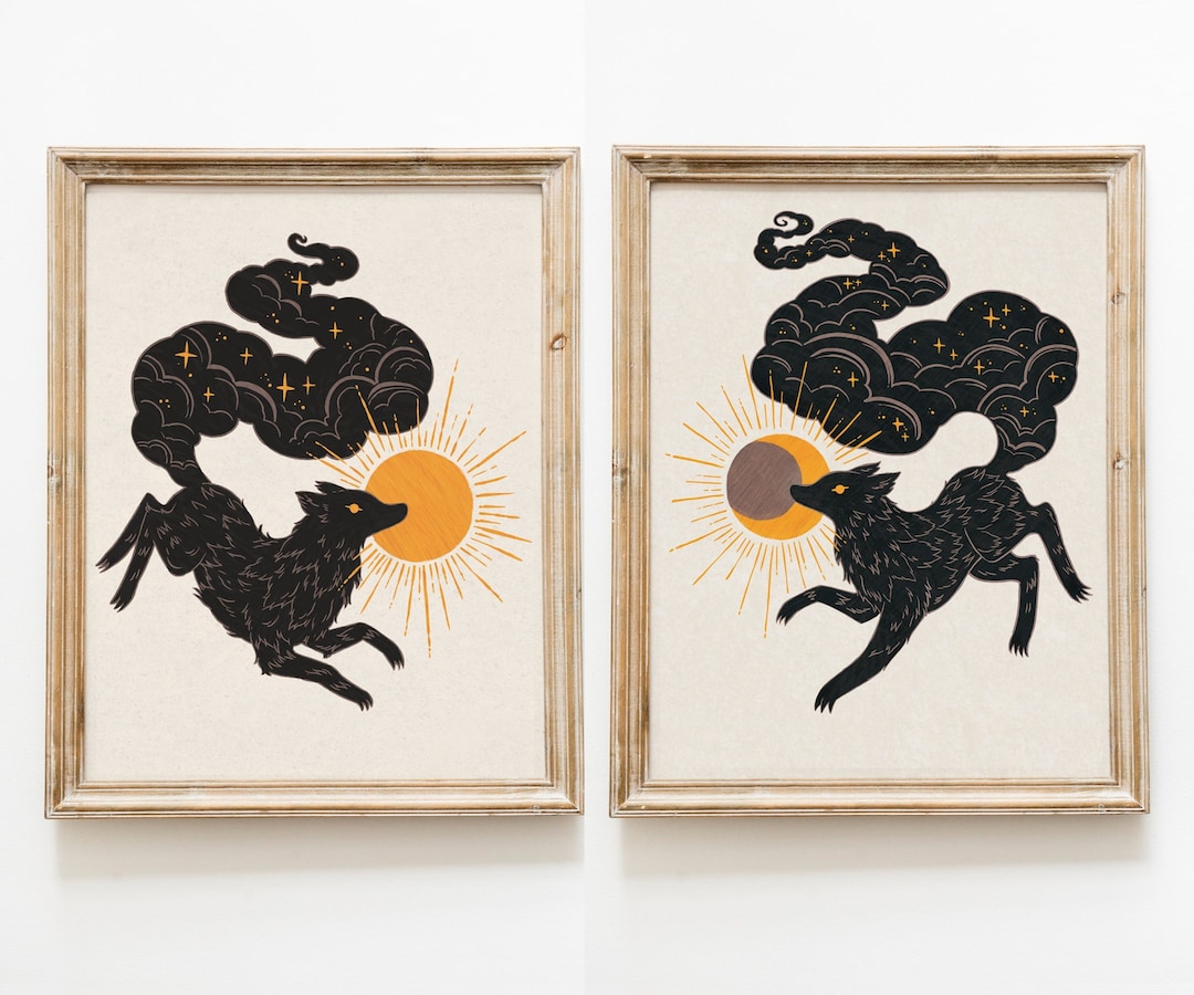 Black Wolf Eclipse SET, Sun and Moon, Illustrated Artwork, Wall Art ...