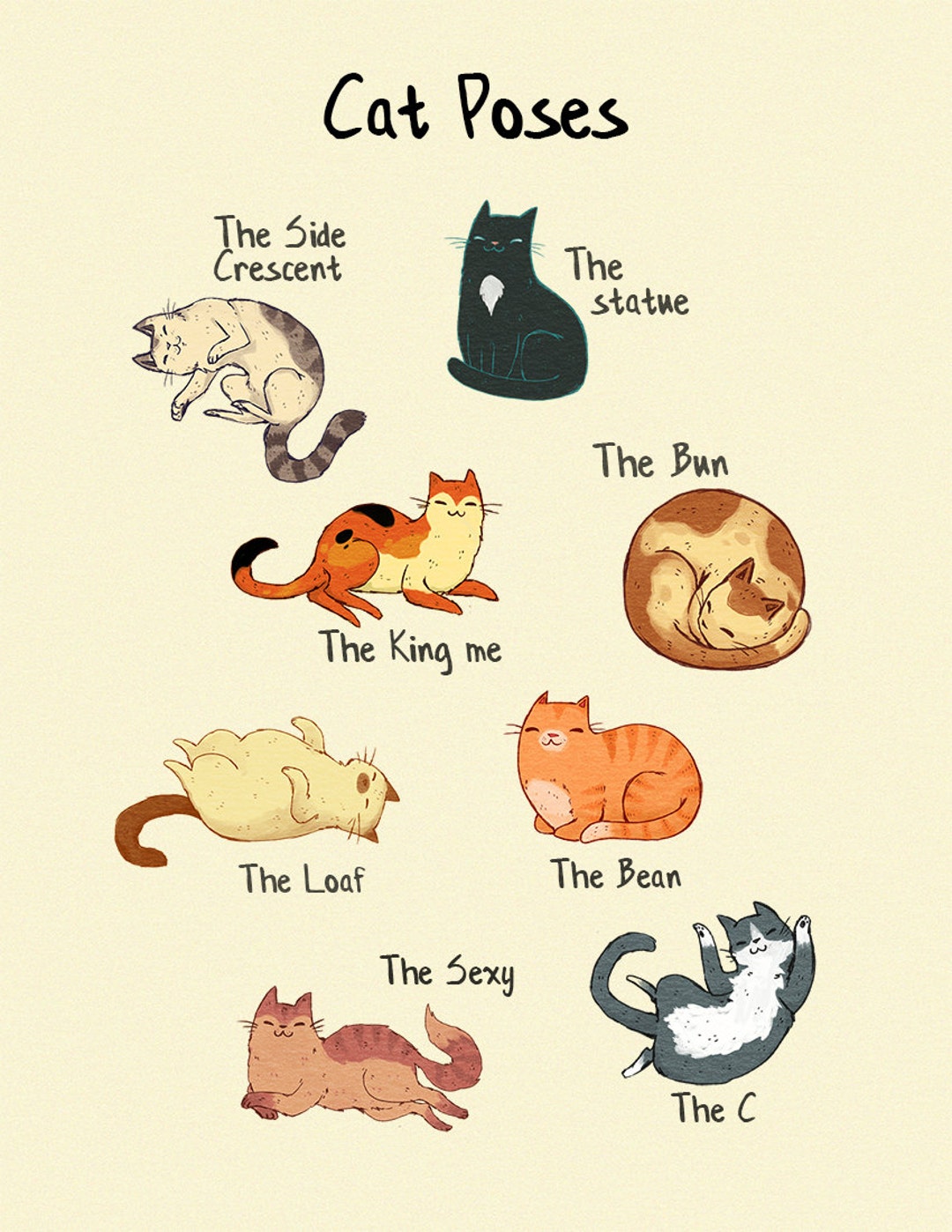Cat Poses Print Artwork: Cat Lady Artwork, 8.5 by 11, Cat Lover, Animal ...