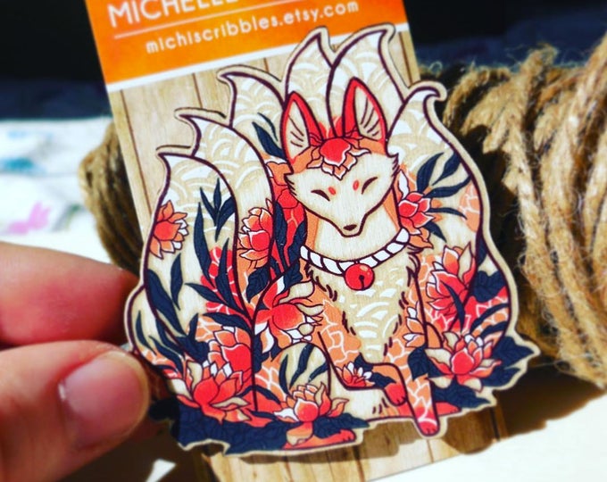 Fox Ninetails Pin. Fox Pin. Fox Brooch. Wood Brooch. Wood Pin. Kitsune ...