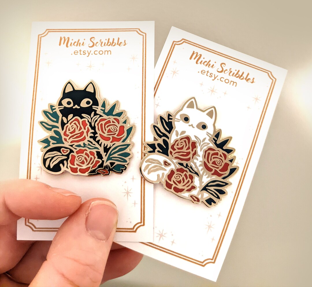 Cat With Roses Enamel Pin ; Black Cat, White Cat Lapel Pin, Brooch Pin ...