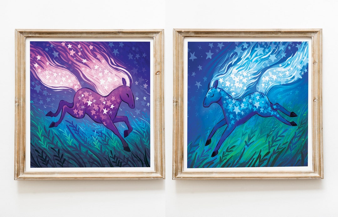 Starry Sky Horses Art Print Set, Square Illustrated Artwork, Horse Art ...