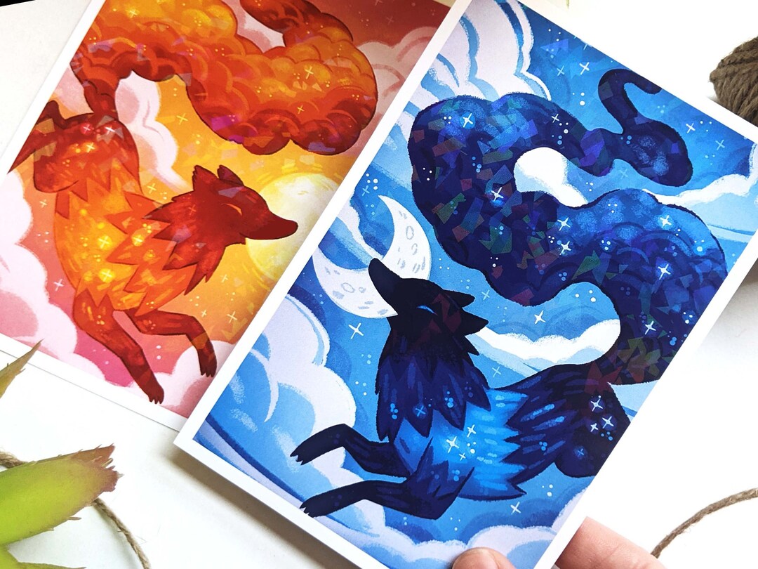 Holographic Sun & Moon Wolf Prints, Illustrated Artwork, Folklore, Wolf ...