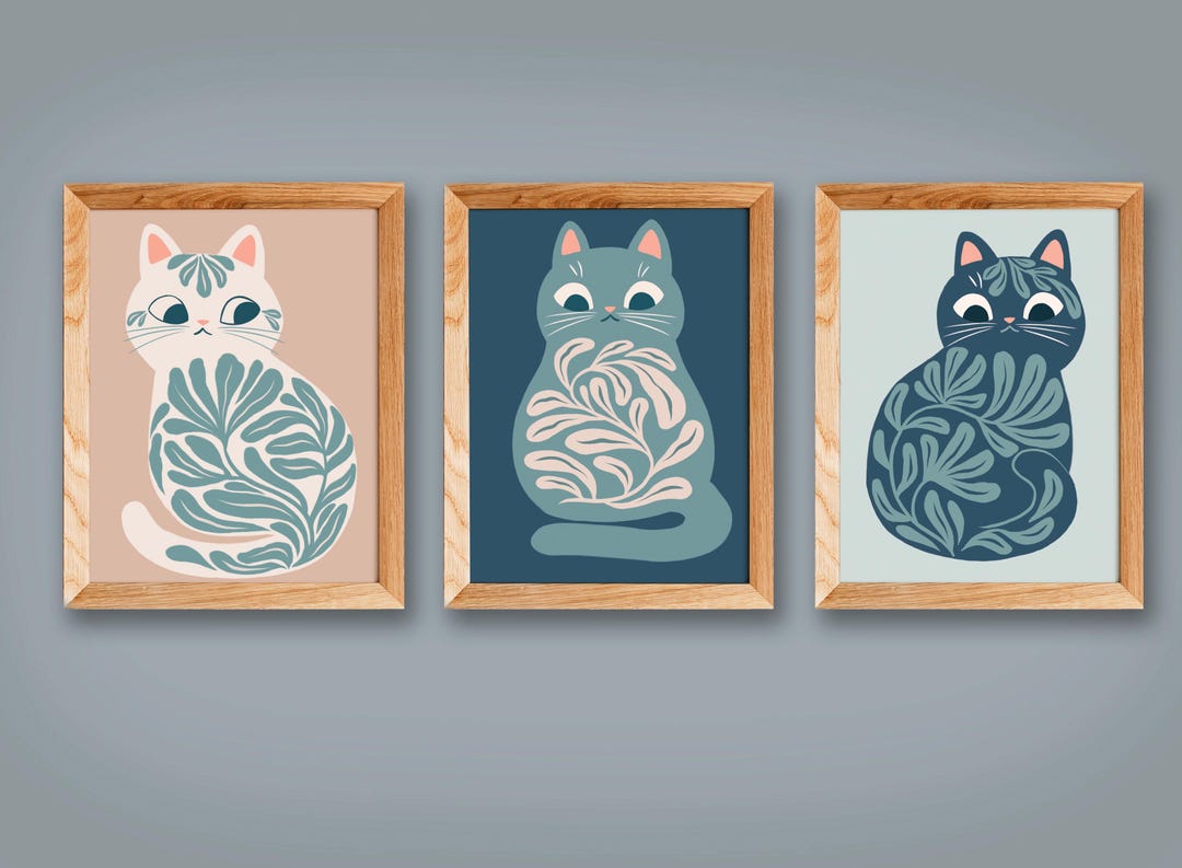 Costal Blue Boho Cats Art Print Set, Illustration Prints, Wall Art ...