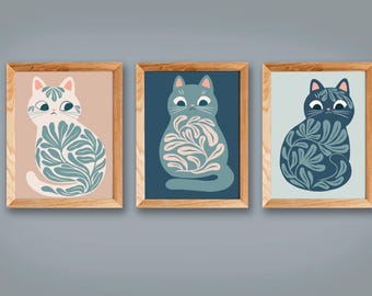 Boho Cats Art Print Set, Illustration Prints, Wall Art, Illustration ...