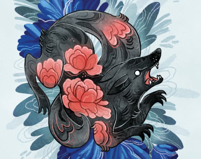 Lotus Wolf Illustration Print: 8 by 10, 8.5 by 11 Illustrated Art Print ...