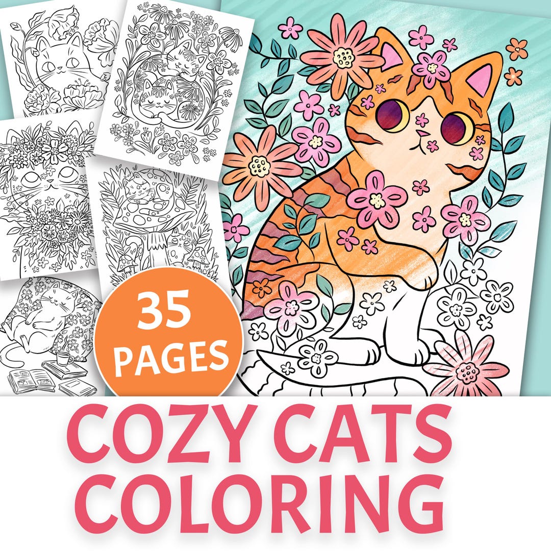 Cozy Cats Coloring Pages: Instant Download, Colouring Pages, Printable ...