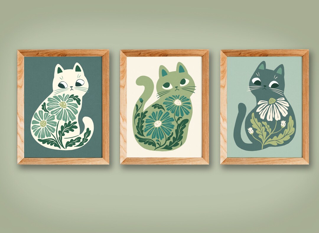 Green Blue Boho Cat Botanical Wall Decor, Green Art, Cat Wall Art, Boho ...