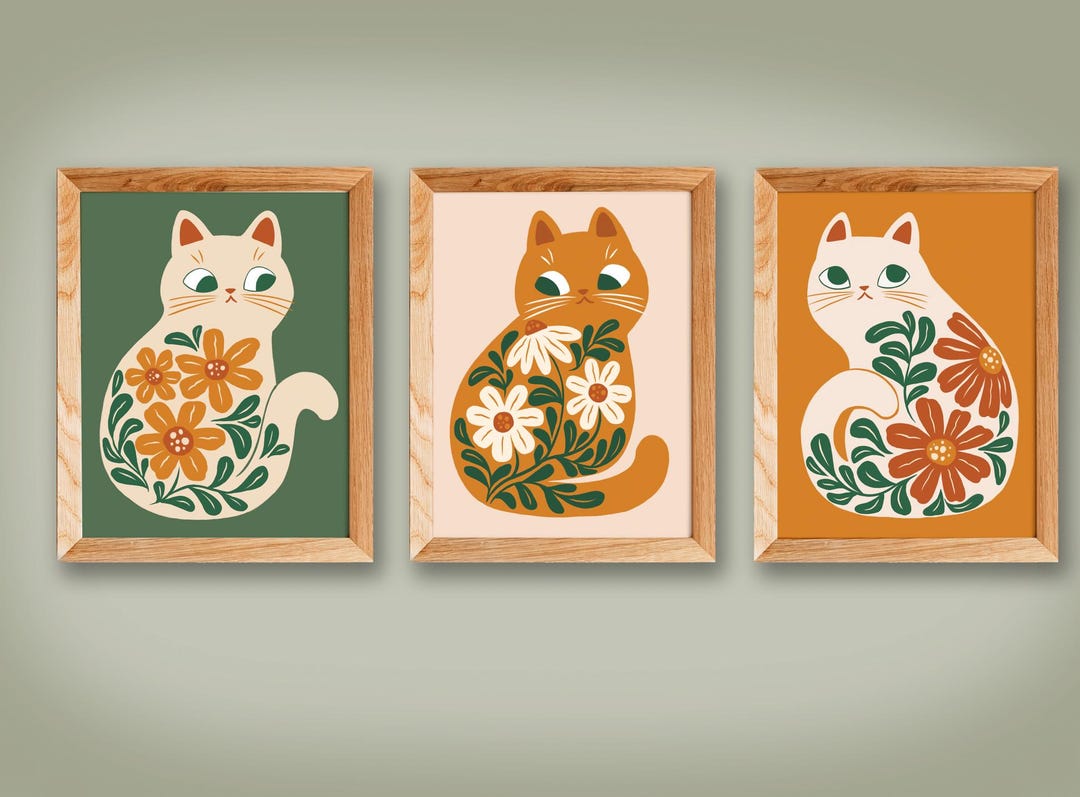 Vintage Green Orange Boho Cats Art Print Set, Illustration Prints, Wall ...