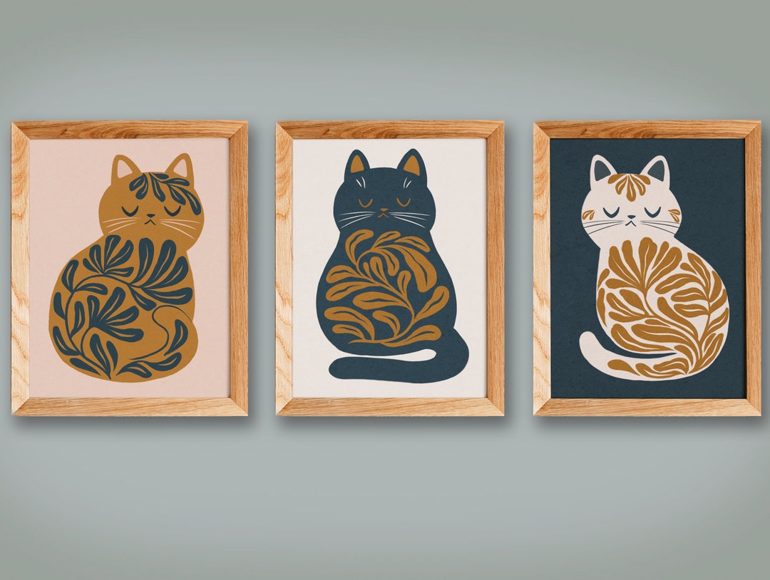 Minimalist Boho Cat Botanical Wall Decor, Navy Gold, Cat Wall Art, Boho ...