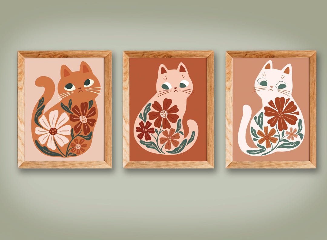 Rustic Red Orange Boho Cats Art Print Set, Illustration Prints, Wall ...