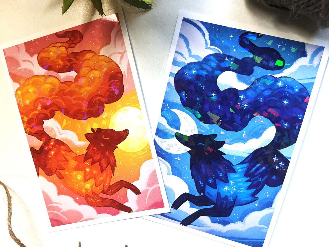 Holographic Sun & Moon Wolf Prints Illustrated Artwork - Etsy