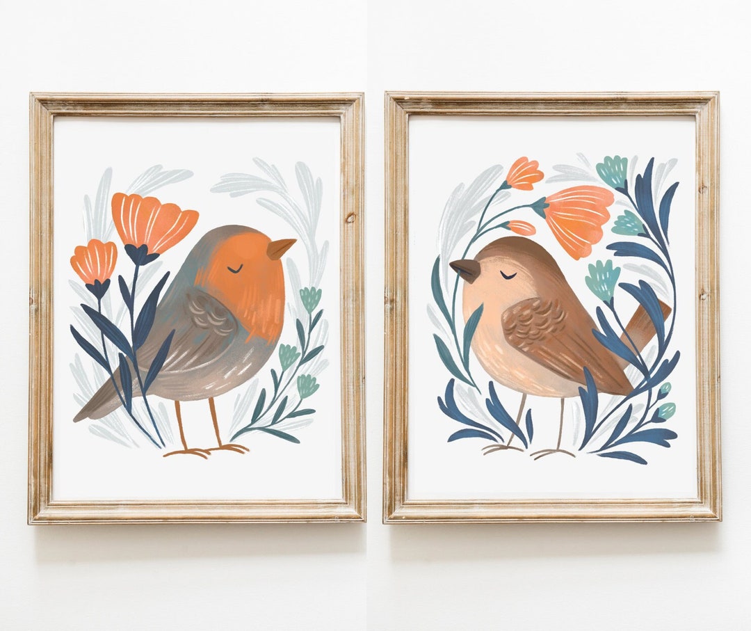 Birds & Flowers Art Print SET, Boho Animal Art, Boho Bird, Bird Artwork ...