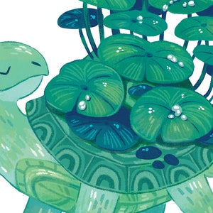 Water Lily Pad Plant Turtle Illustration Print 8by10, 8.5 by 11, Wall ...