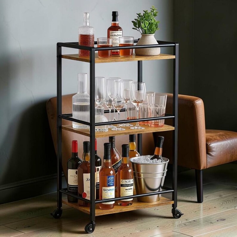 3 Tier Rolling Bar Cart: Rustic Industrial Serving Trolley With ...
