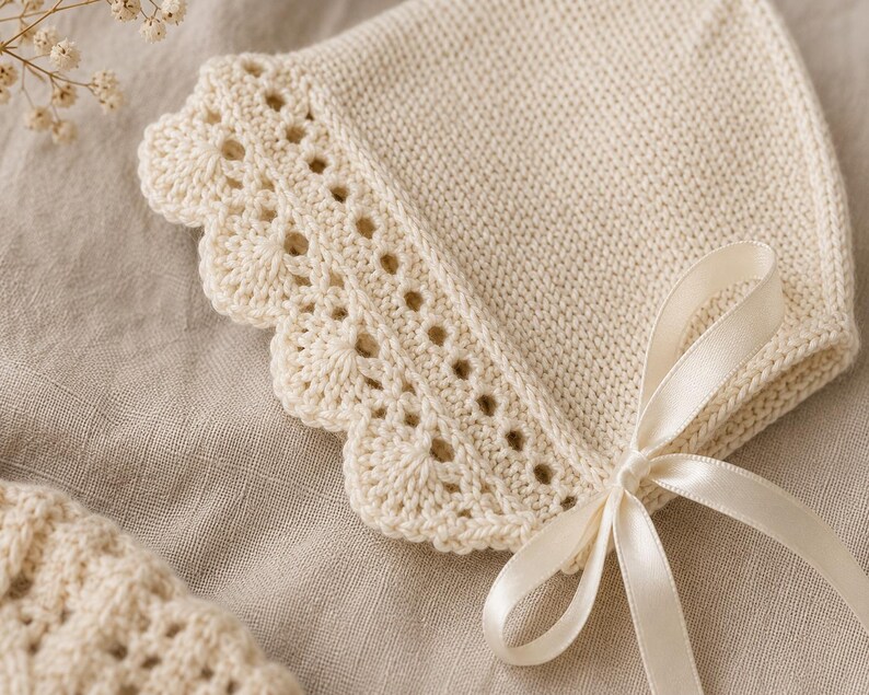 Modèle de bonnet bébé tricoté en PDF | Bonnet à bordure en dentelle ...