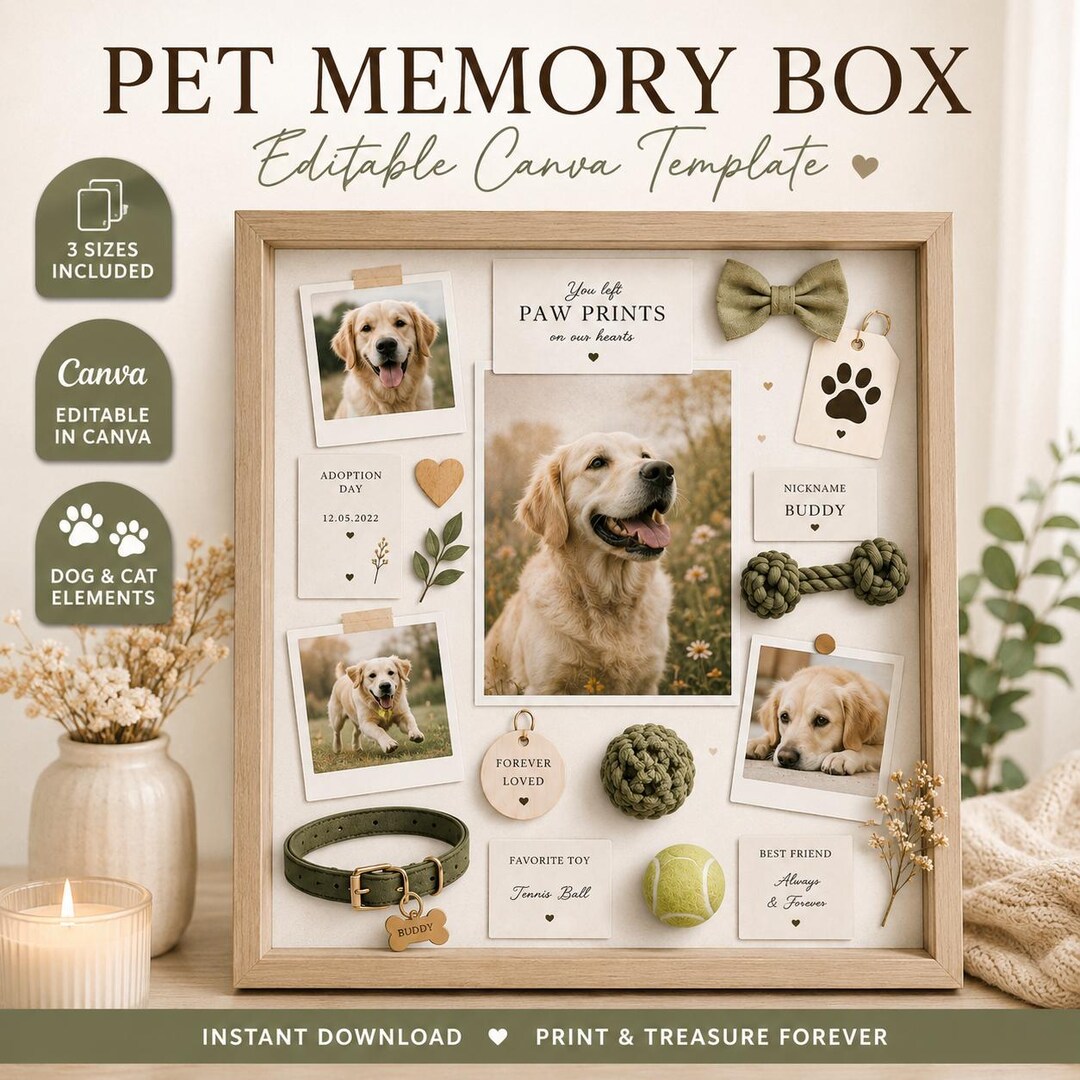 Pet Memory Box Template Canva, Pet Memorial Gift, Dog Memorial ...