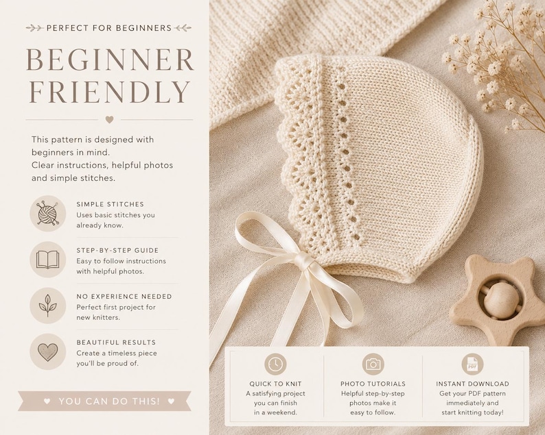 Modèle de bonnet bébé tricoté en PDF | Bonnet à bordure en dentelle ...