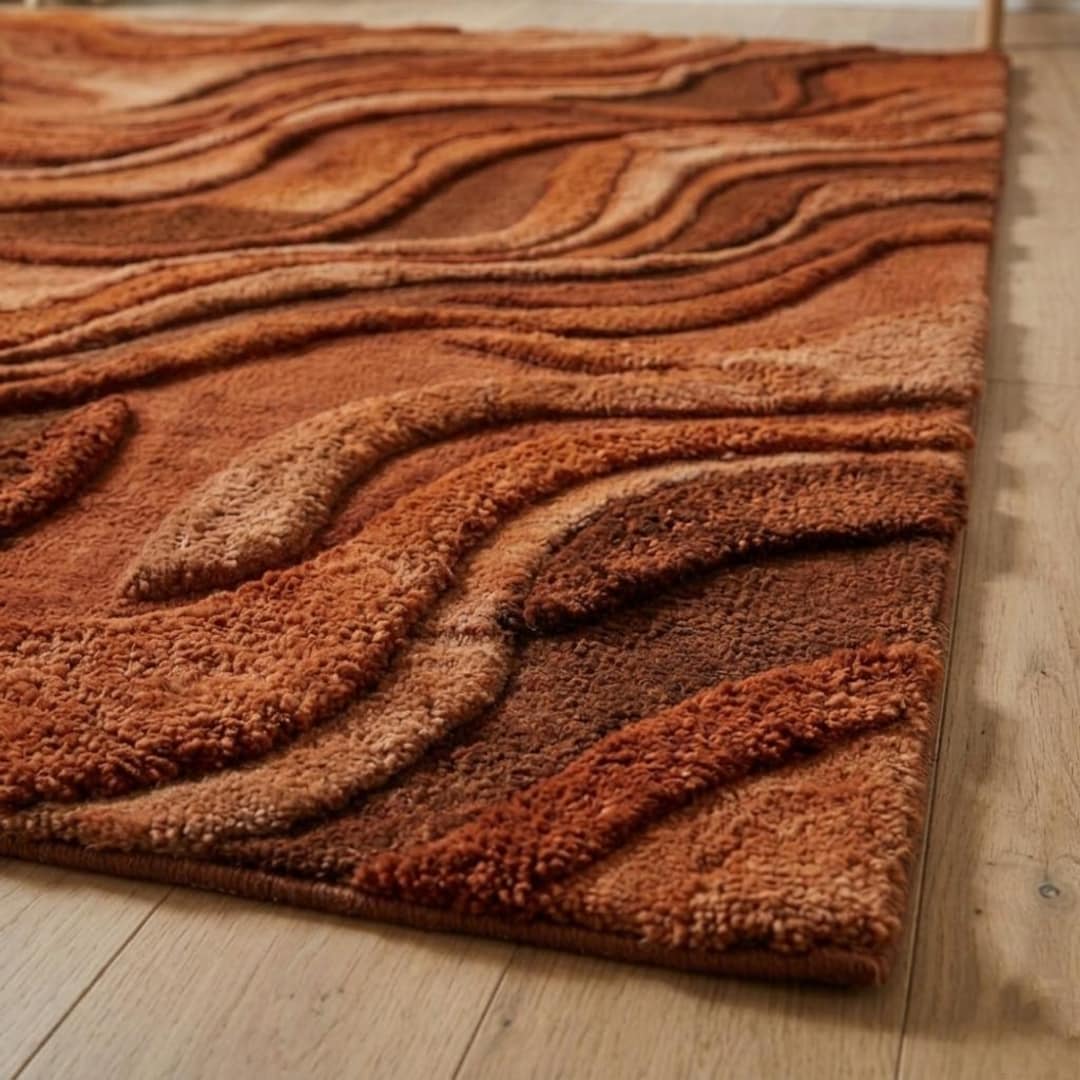 Handmade Tufted Rug, Abstract Wave Terracotta, Modern Textured Carpet ...