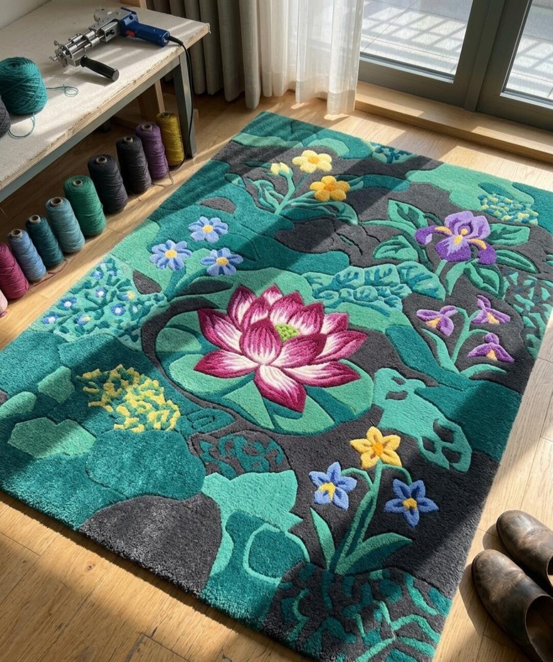 3D Lotus Moss Rug - Hand Tufted Water Lily Rug - Floral Botanical ...