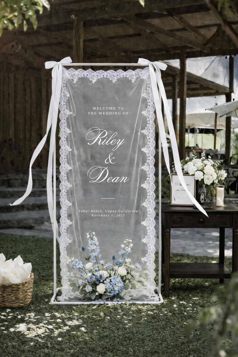 Sheer Lace Wedding Welcome Sign: Tulle Fabric, Macquin Sequins With ...