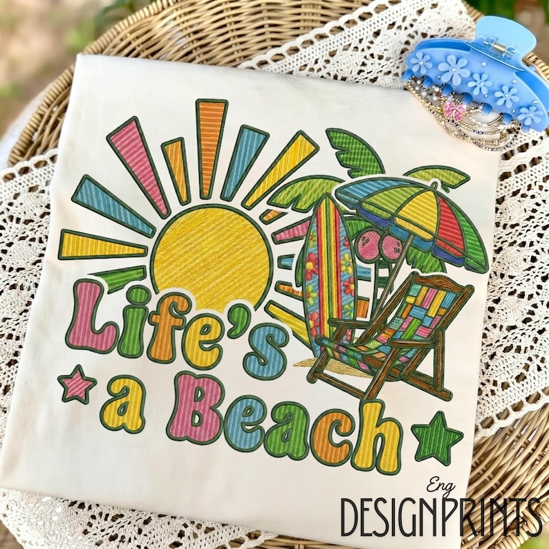 Retro Faux Embroidery Beach Design, Summer Surfboard Art (digital ...