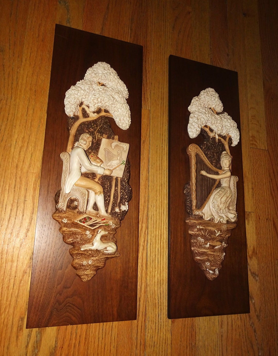Vintage Girotti Sculptured Art Wall Hanging Plaques, Man Painting Women ...