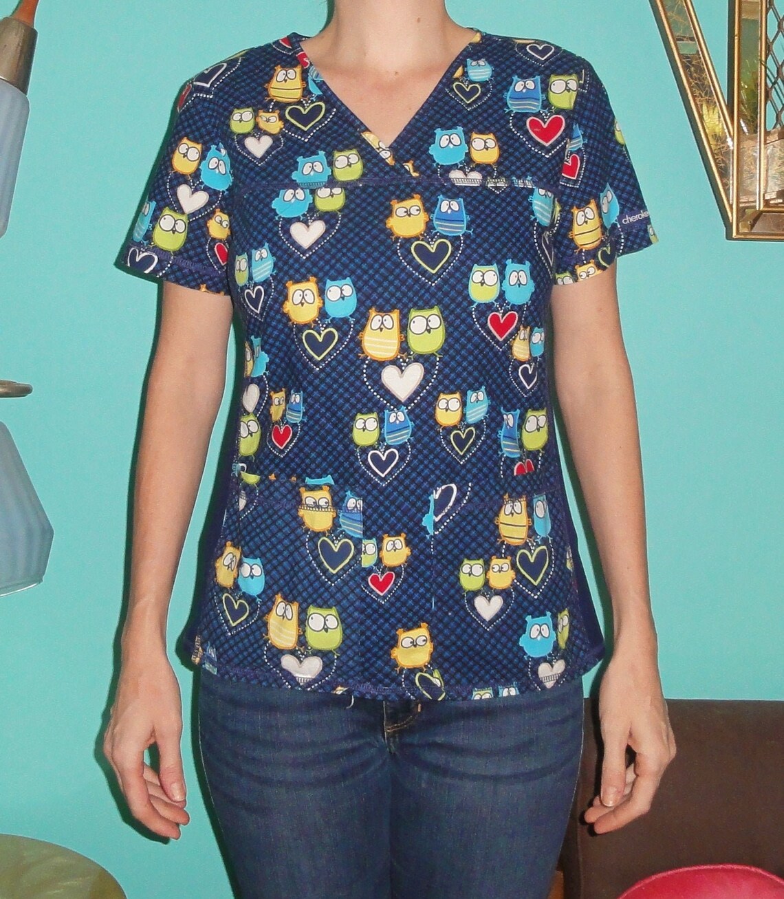 Vintage Blue Owl Scrub Top S Cherokee Scrubs Pockets Nurse Vet | Etsy
