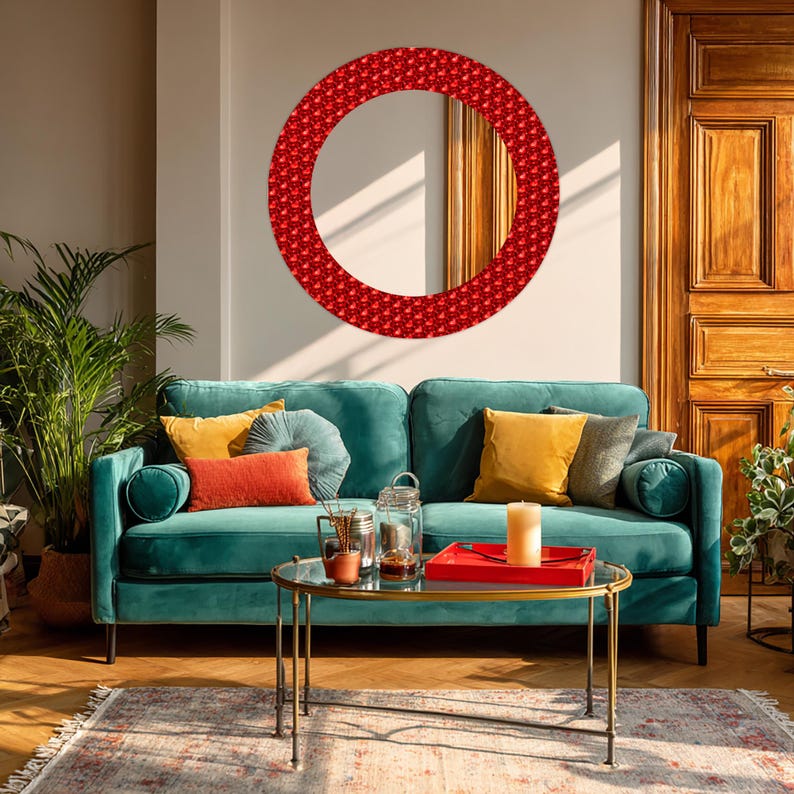 Ruby Red Crystal Round Mirror, Glamorous Gemstone Statement Wall Decor ...