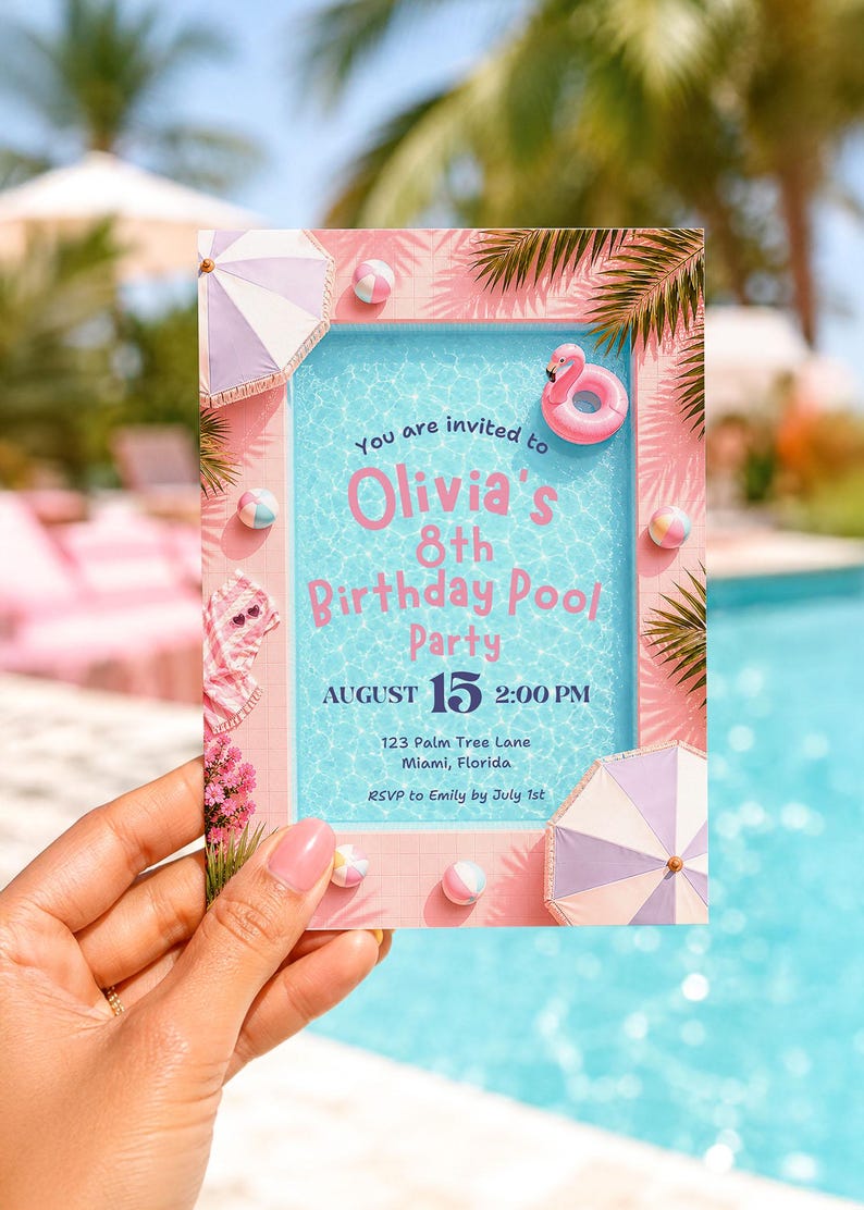 Pool Party Invitation Girl Editable Template, Pink Summer Pool Birthday ...