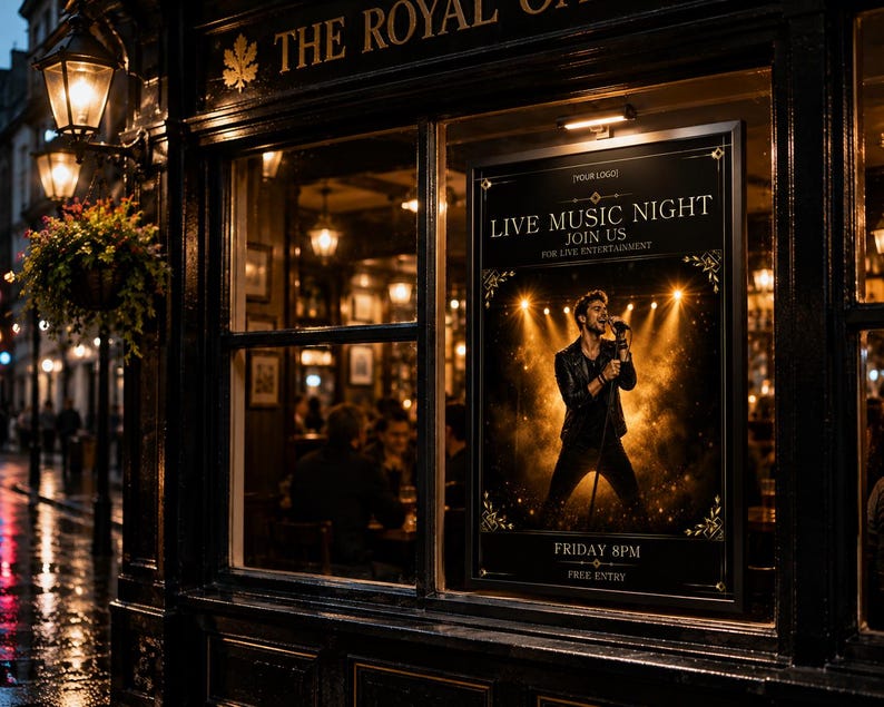 Live Music Night Poster Template, Black Gold Editable Pub Event Flyer ...
