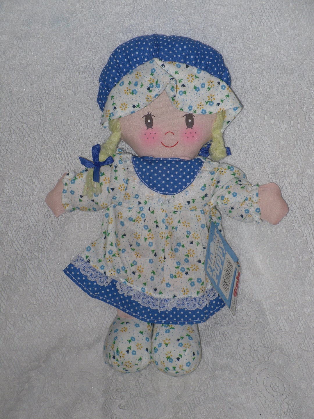Cloth Rag Doll 12" Girl With Yellow Hair & Floral Dress Vintage Simba ...