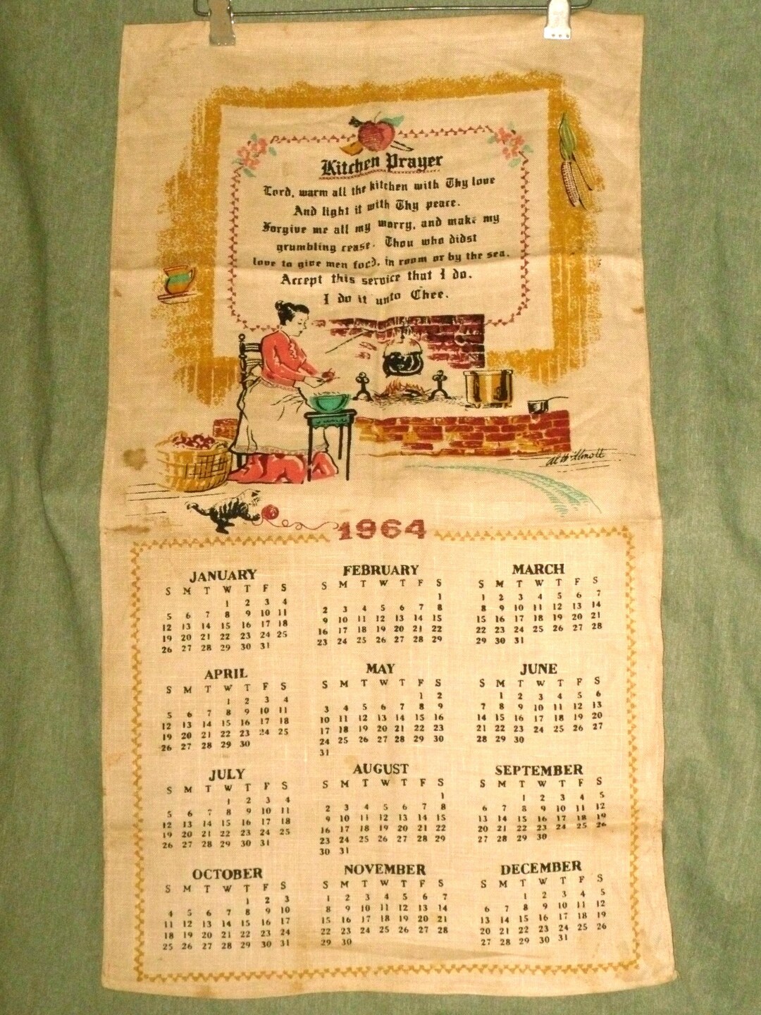 Linen Calendar Towel 1964 Kitchen Prayer Hearth Scene - Etsy