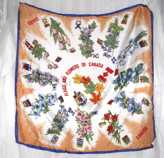 Flags and Flowers of Canada Vintage Souvenir Scarf - Gem