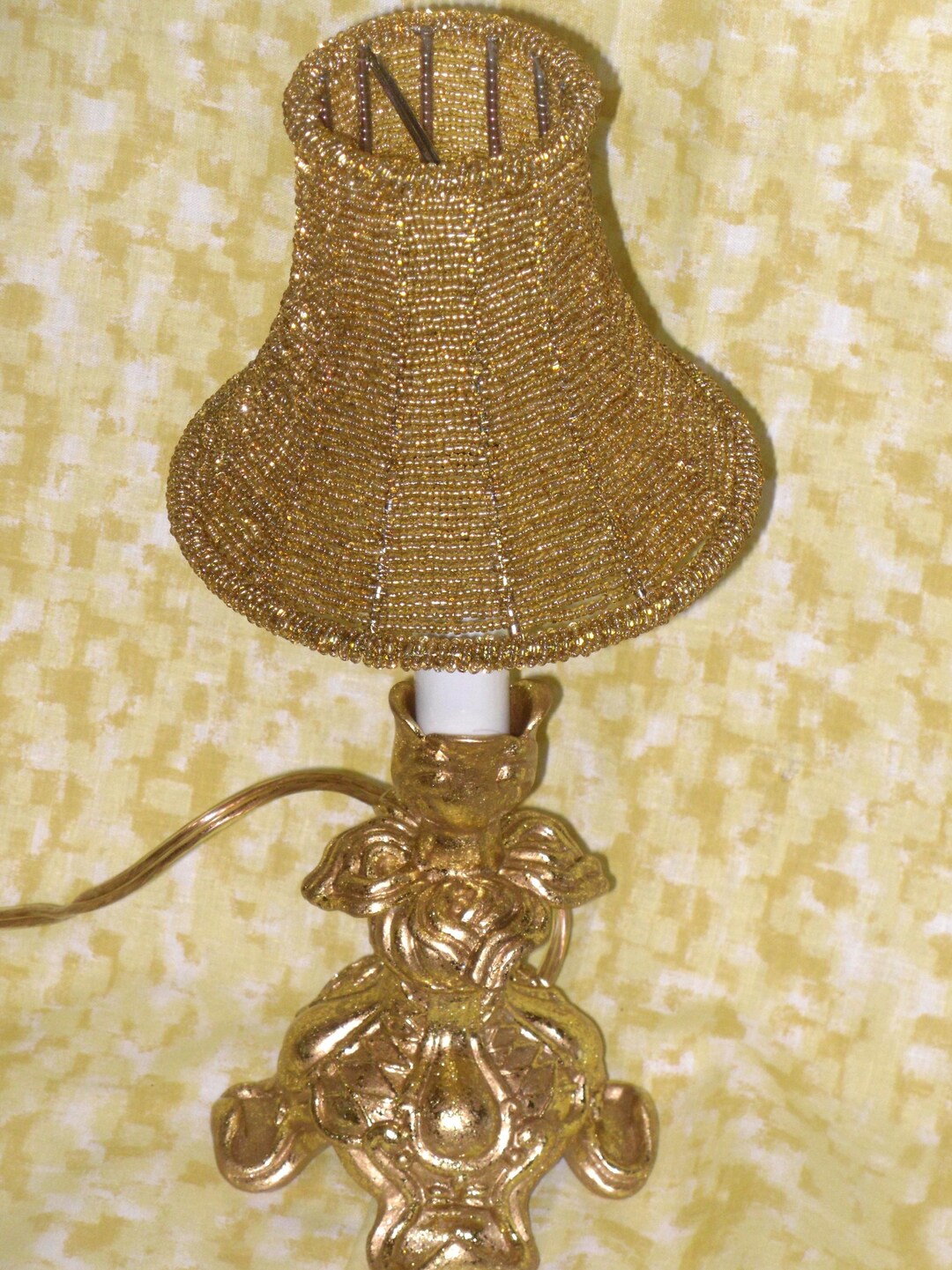 Gold Lamp With Beaded Shade Electric Candlestick Table Top Bedside ...