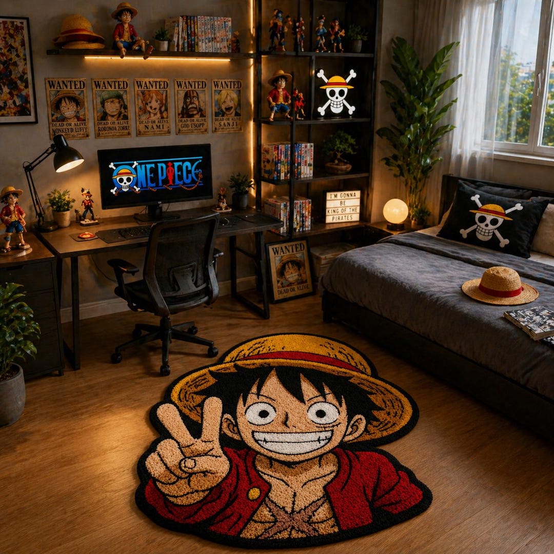 Hand Tufted Wool Anime Rug, Luffy Pirate Character Decor, Manga Gamer ...