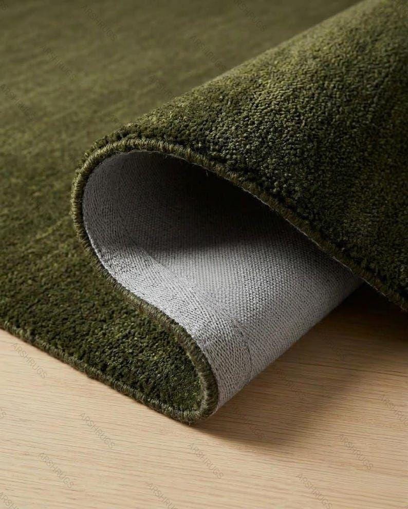 Solid Olive Green Plush Rug, Hand Tufted Wool Carpet, Cozy Japandi ...