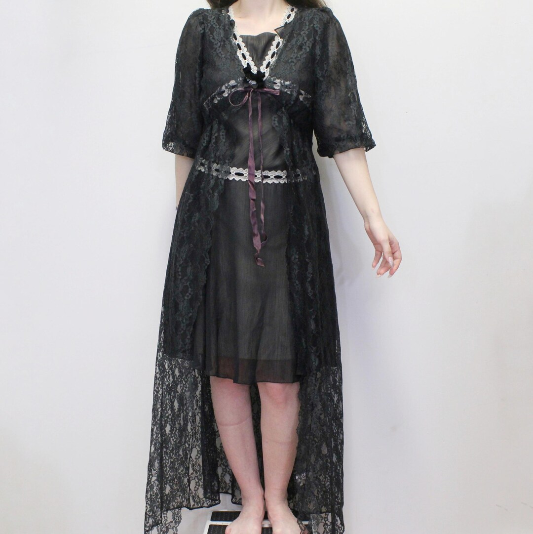 Vintage 70s Lace Peignoir Robe Black Lace Goth Babydoll Lingerie Long ...