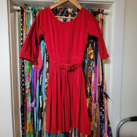 Vintage 60s Red Velvet Party Dress with Matching Belt… - Gem